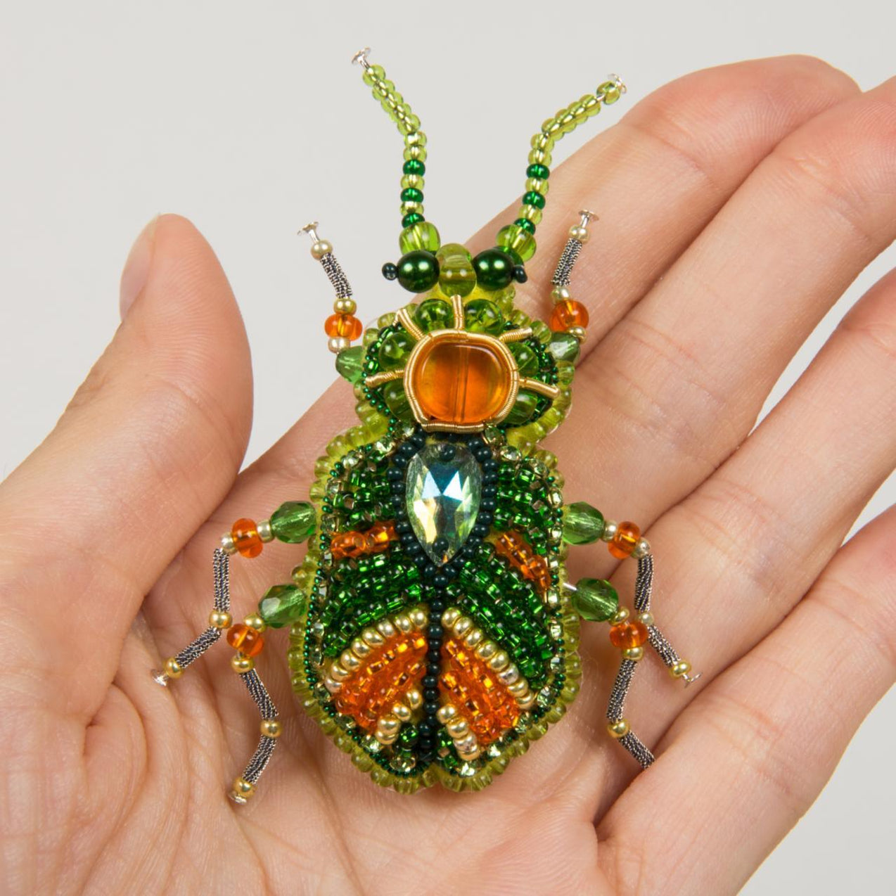 Beadwork kit for creating brooch Crystal Art Green beetle BP-329C — Wizardi
